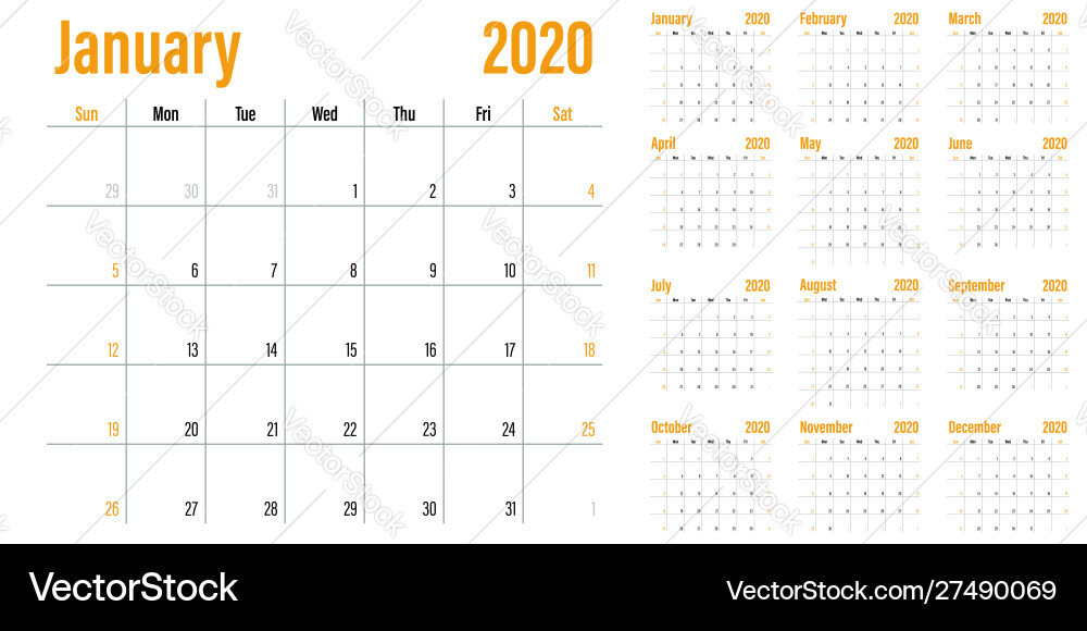 Calendar planner 2020 template Royalty Free Vector Image