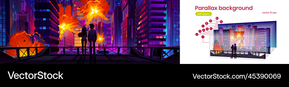 Couple watching city explosions parallax layers Vector Image