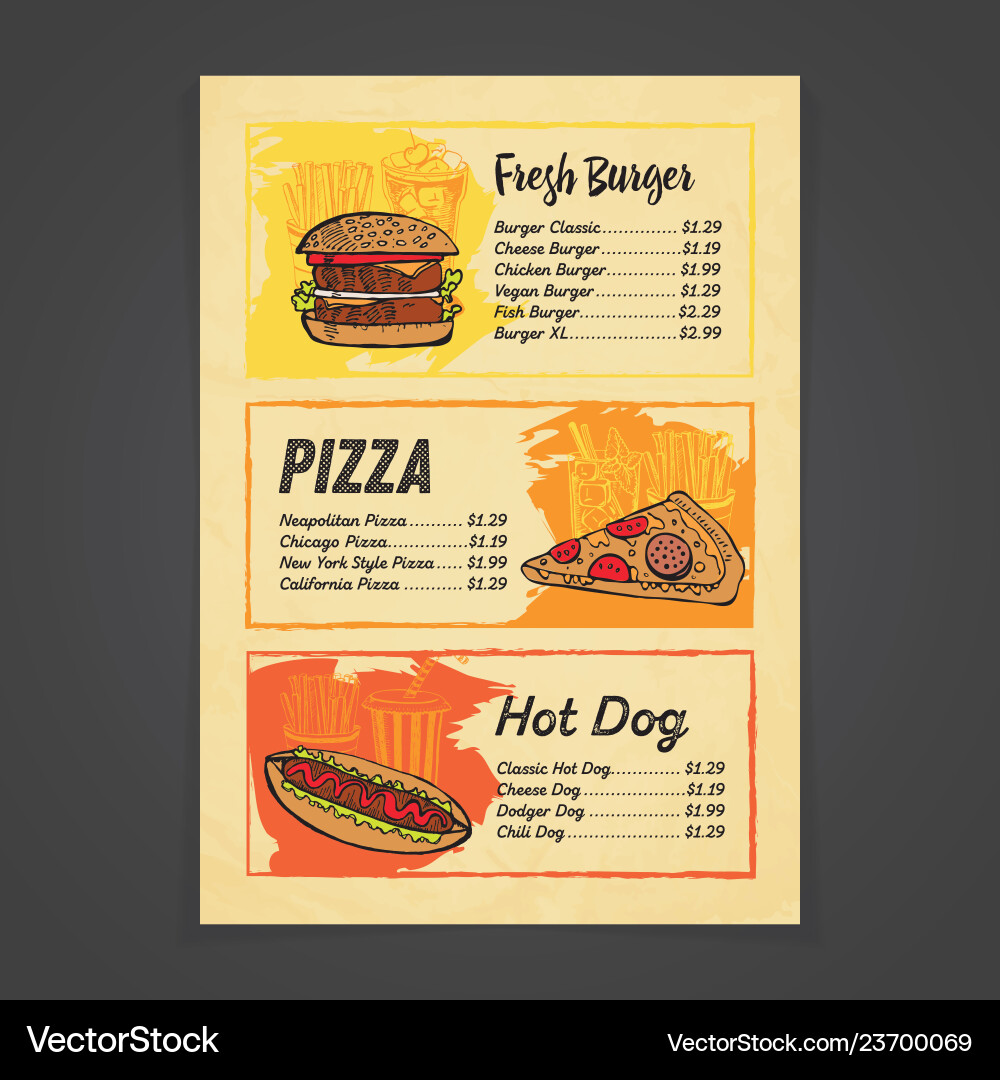 Fastfood menu card with hand drawn Royalty Free Vector Image