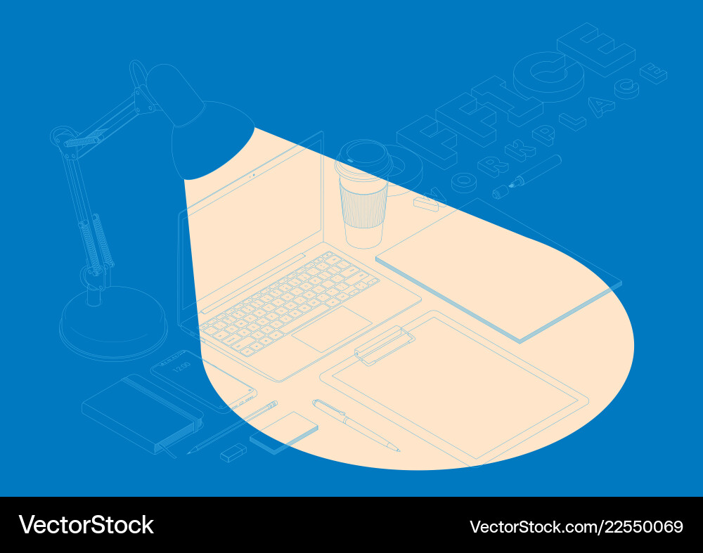 Isometric concept of workplace with computer Vector Image