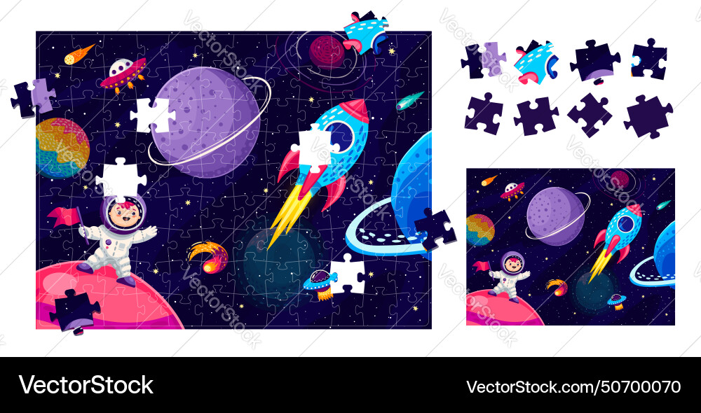 Jigsaw puzzle game pieces cartoon galaxy space Vector Image