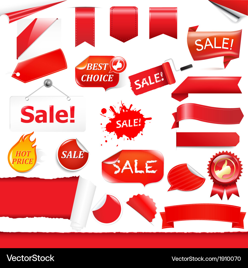 Red labels and ribbons set Royalty Free Vector Image