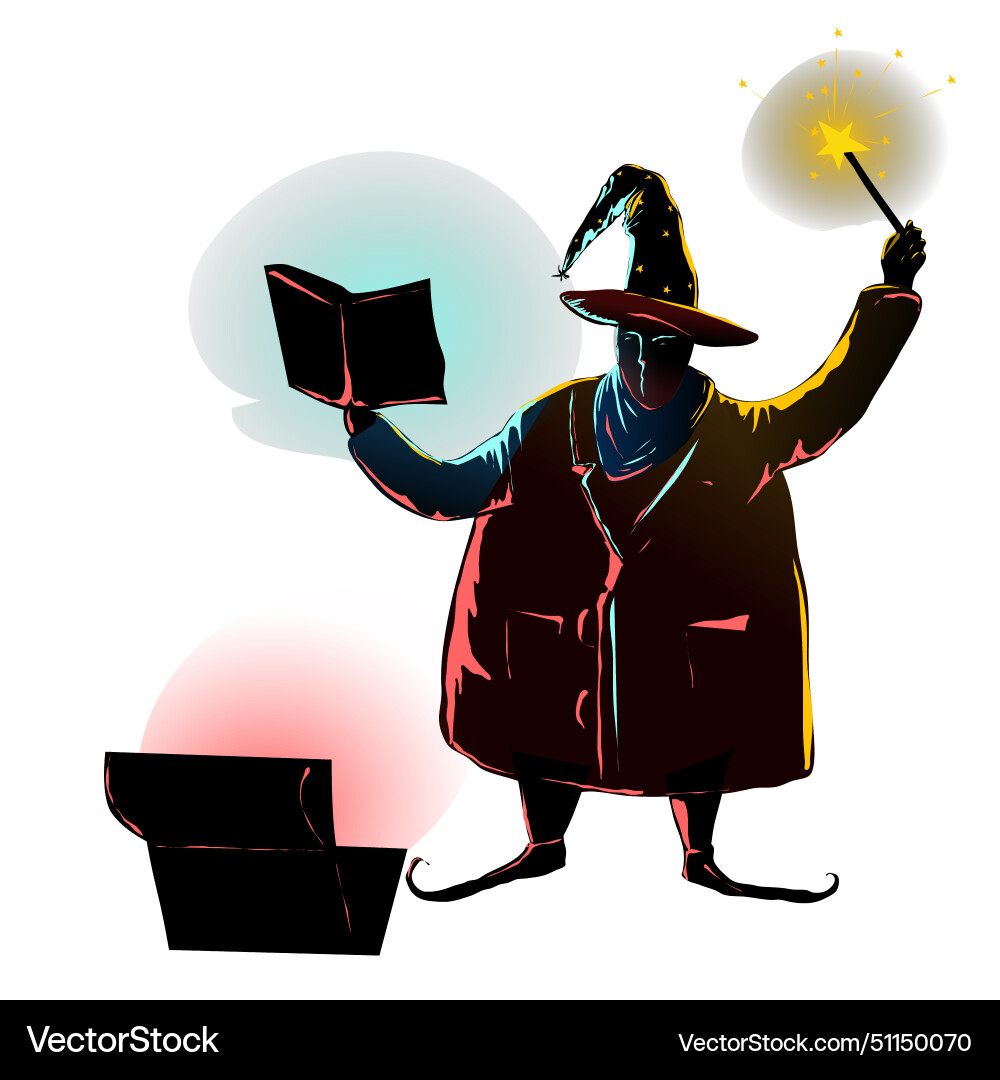 Stylized image of a fat black wizard conjuring Vector Image