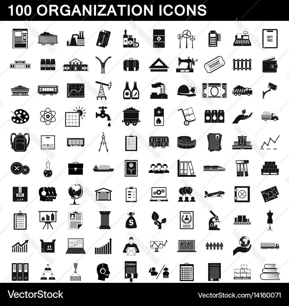 100 organization icons set simple style Royalty Free Vector
