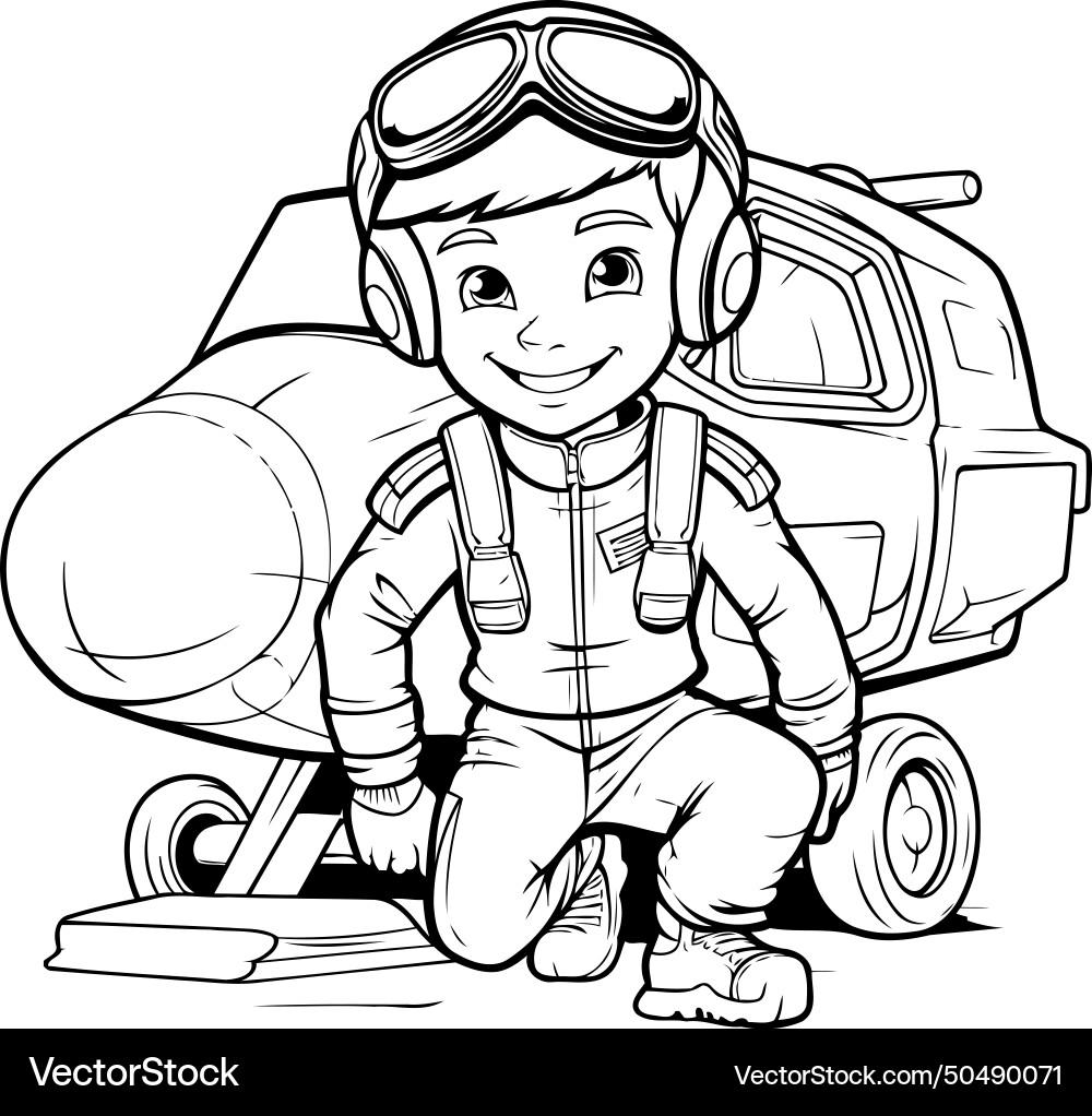 Cute boy pilot with airplane for coloring book Vector Image