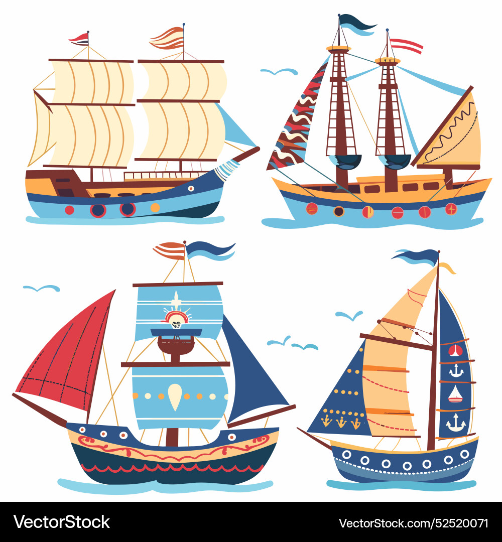 Four sailing ships boats colorful Royalty Free Vector Image