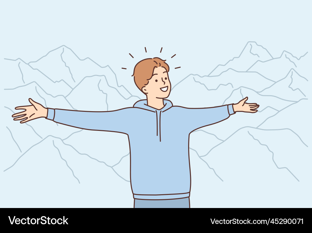 Smiling man stretch hands hug mountains Royalty Free Vector
