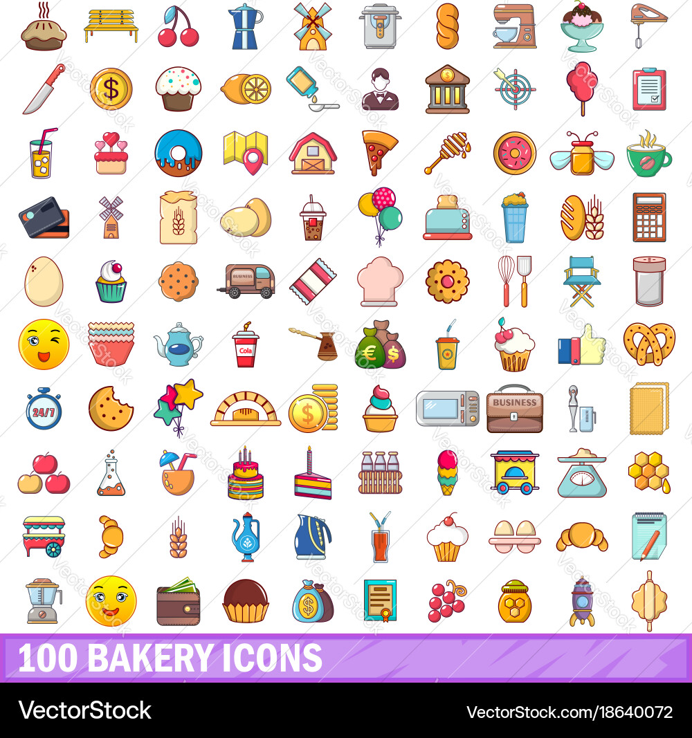 100 bakery icons set cartoon style Royalty Free Vector Image