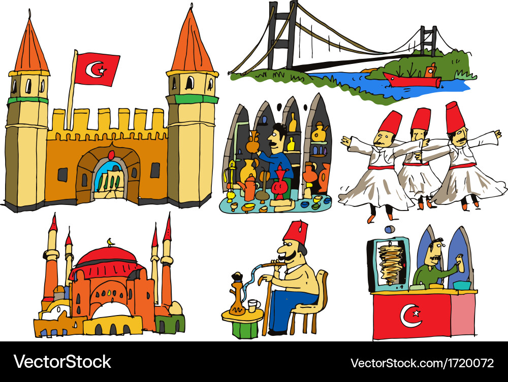 7 authentic caricatures of turkish scenes Vector Image