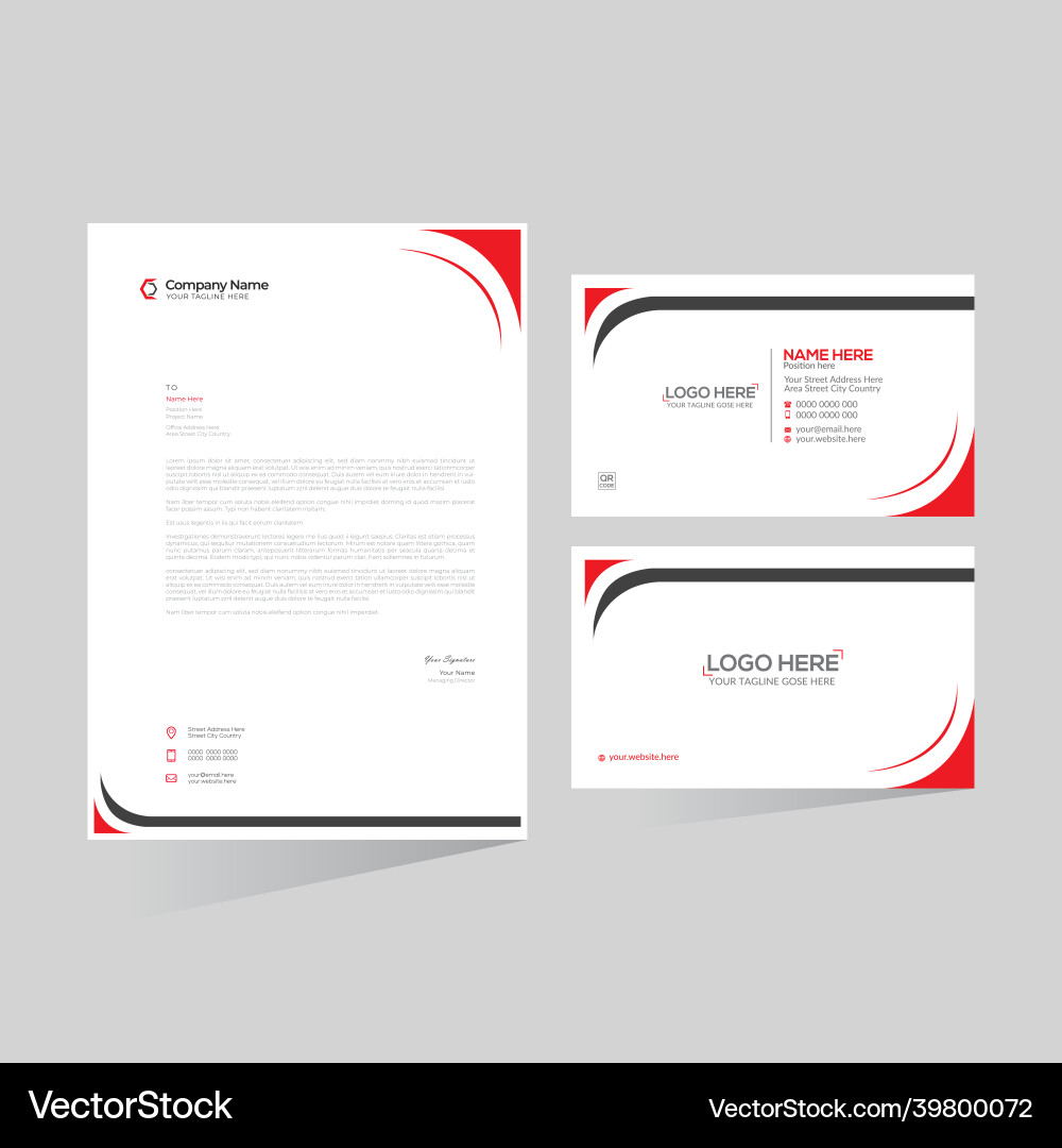 Modern Red Letterhead & Business Card Vector Image