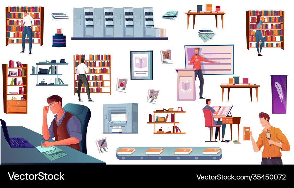 Publishing house flat icons set Royalty Free Vector Image