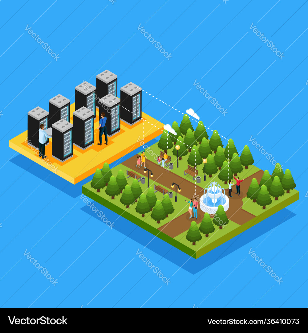 Isometric datacenter hosting servers concept Vector Image