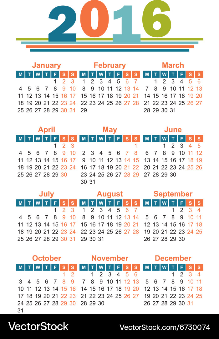 2016 year calendar english Royalty Free Vector Image