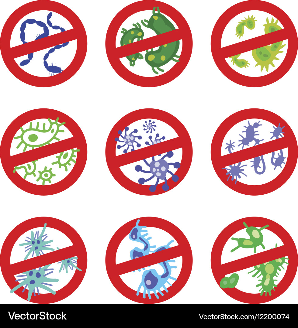 Antibacterial sign with a funny green cartoon Vector Image