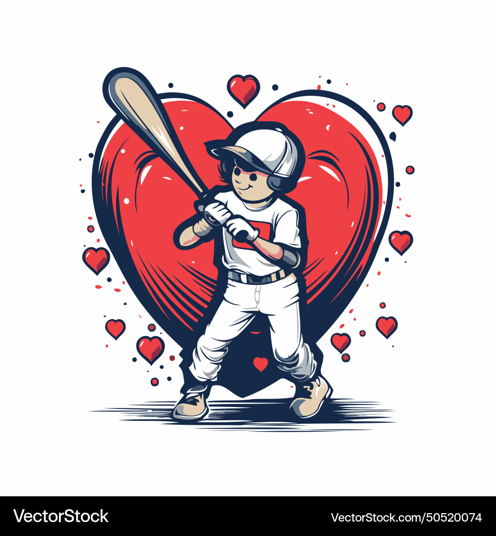 Baseball player with bat and ball in heart shape Vector Image