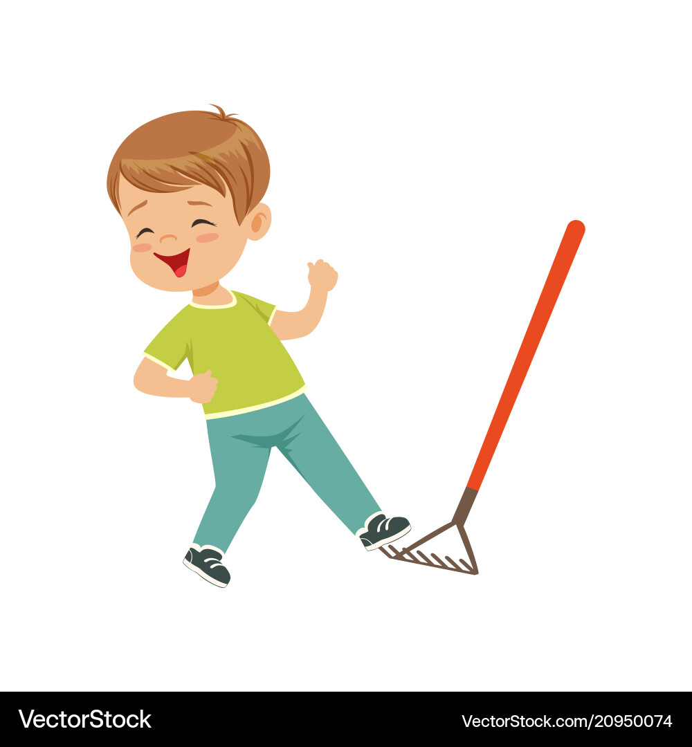 Cute little boy stepping on the rake Royalty Free Vector