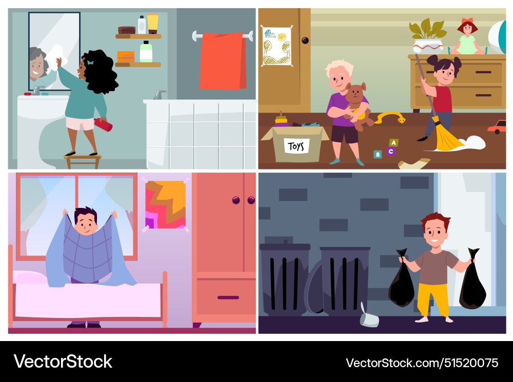 Set of children cleaning flat style Royalty Free Vector