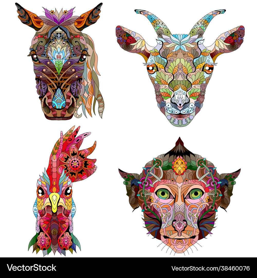Entangle horse goat rooster and monkey heads Vector Image