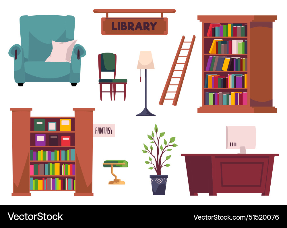 Furniture and interior elements set for library Vector Image