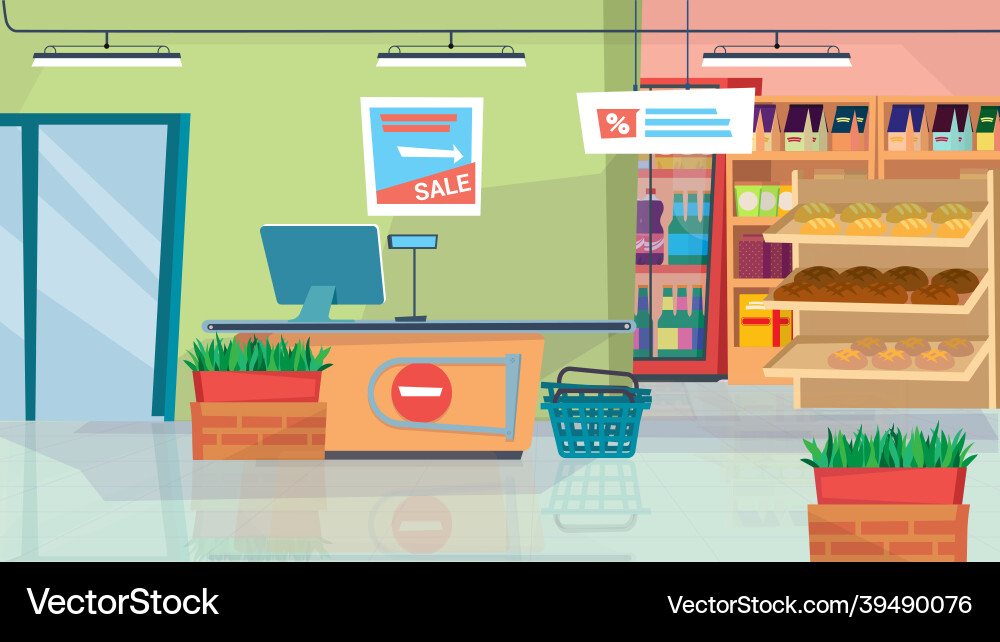 Supermarket interior concept flat cartoon design Vector Image