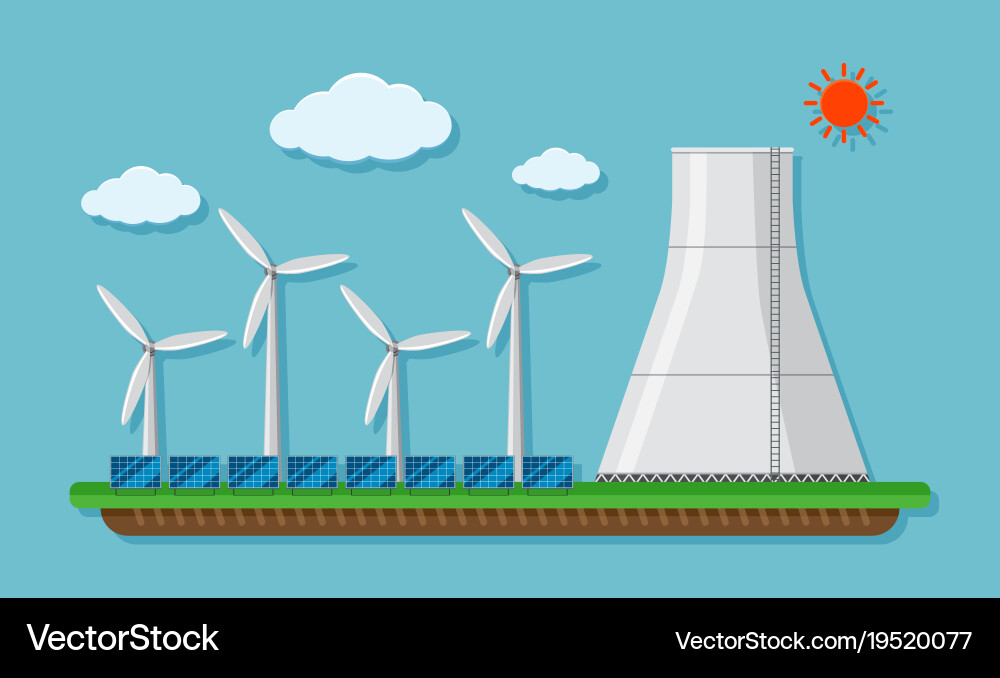 Field with wind turbines and silo Royalty Free Vector Image