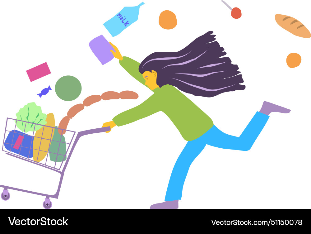 Female customer running with basket to checkout Vector Image