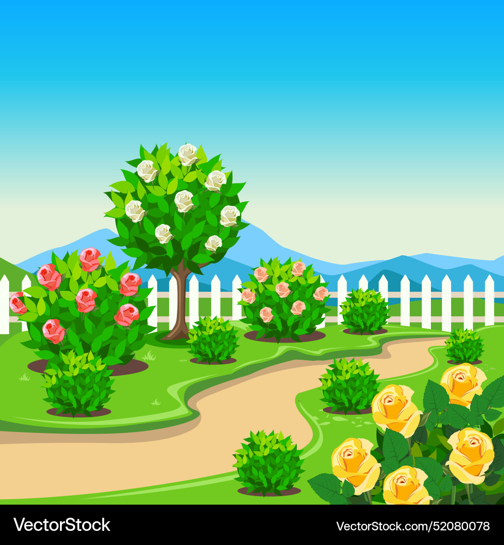 Garden with white fence Royalty Free Vector Image