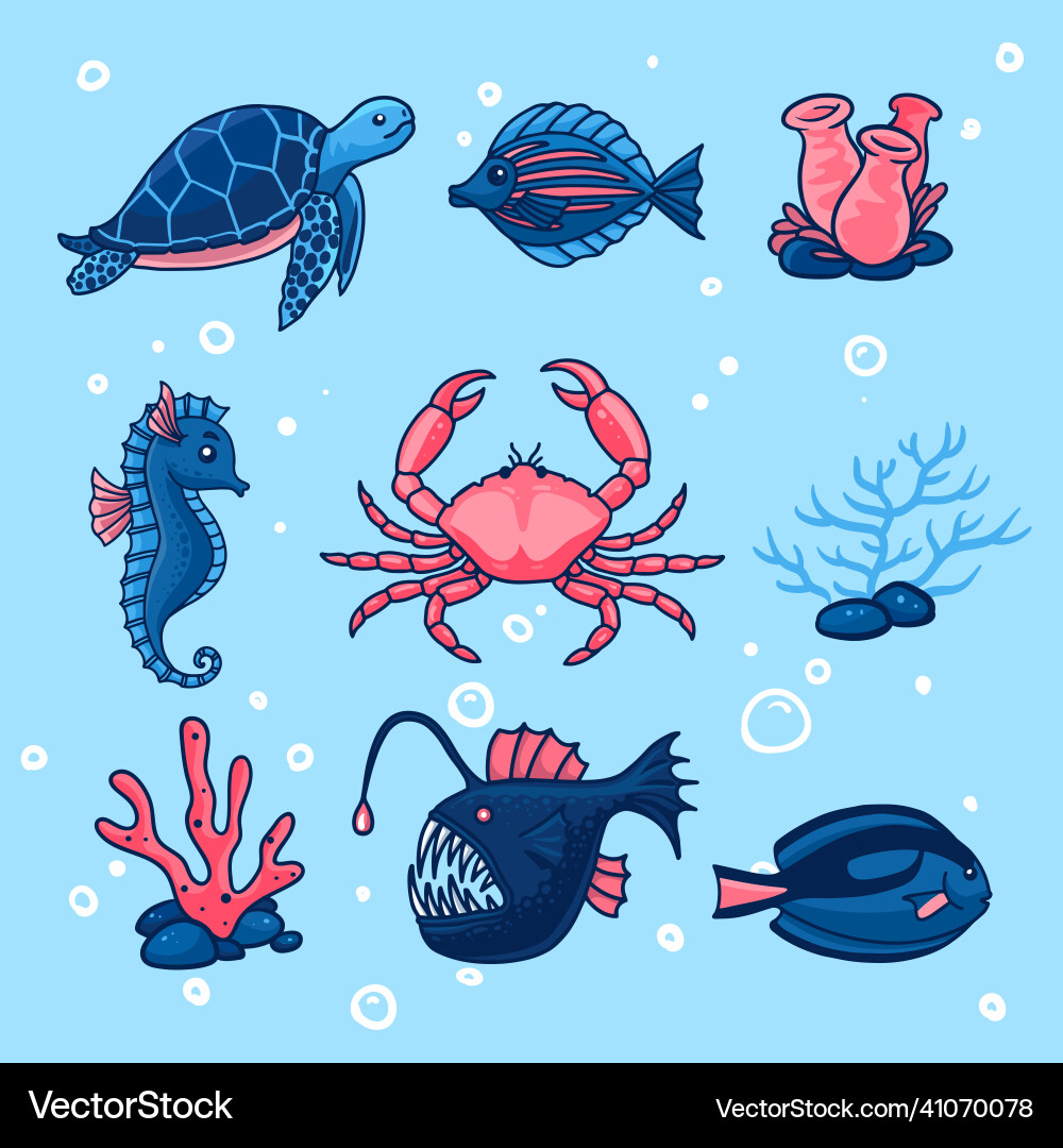 Hand drawn flat design sea animals set Royalty Free Vector