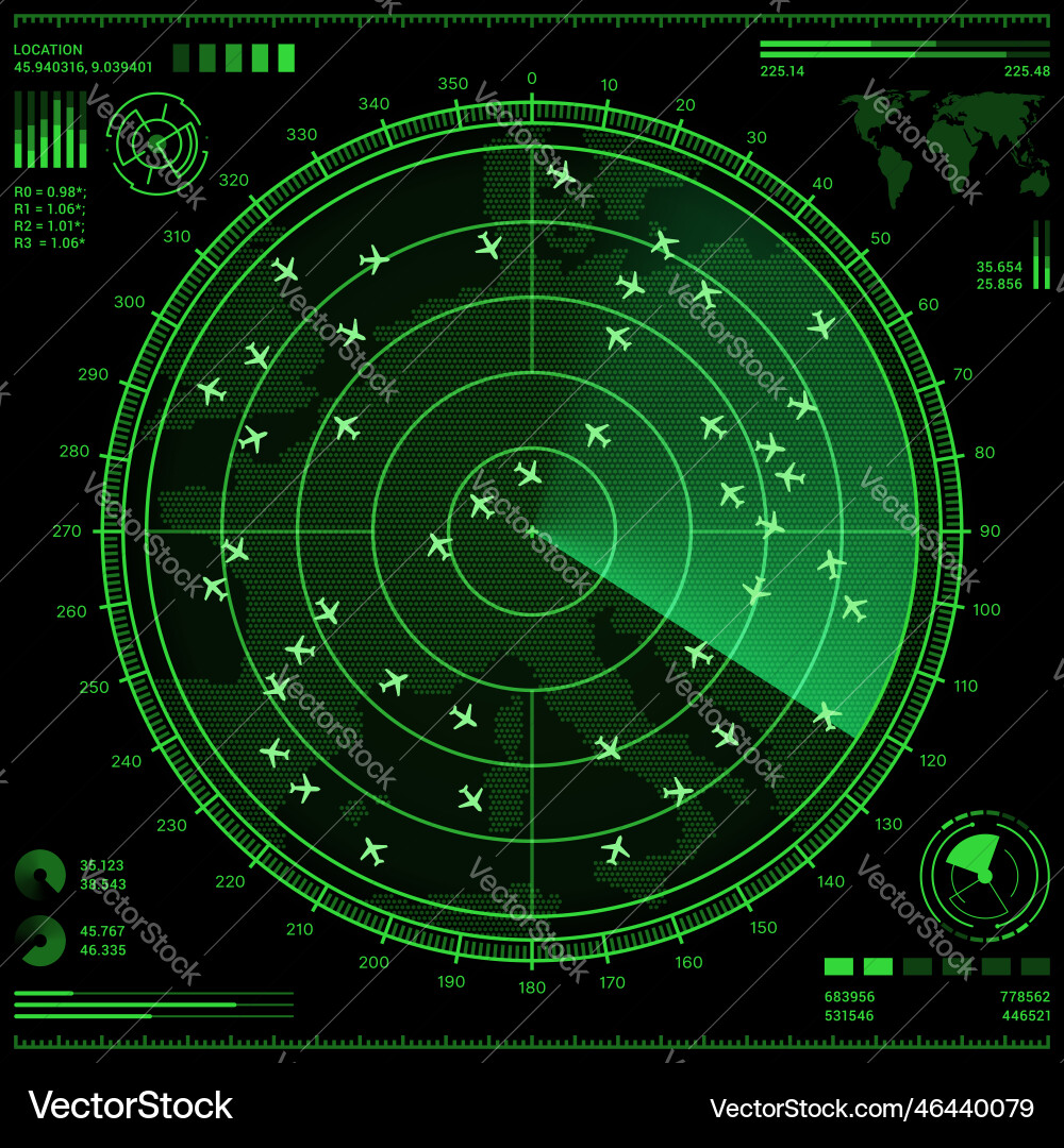 Air control radar screen with airplanes and map Vector Image Air control radar screen with airplanes and map Vector Image