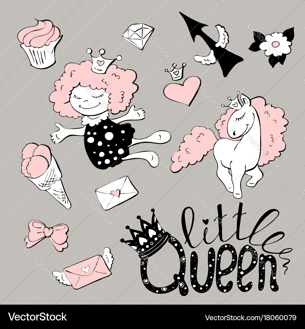 Cute princess sticker set with unicorn Royalty Free Vector