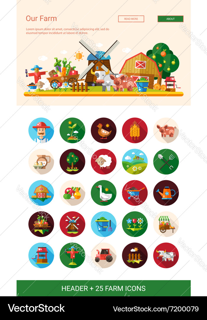 Flat design farm agriculture icons and elements Vector Image