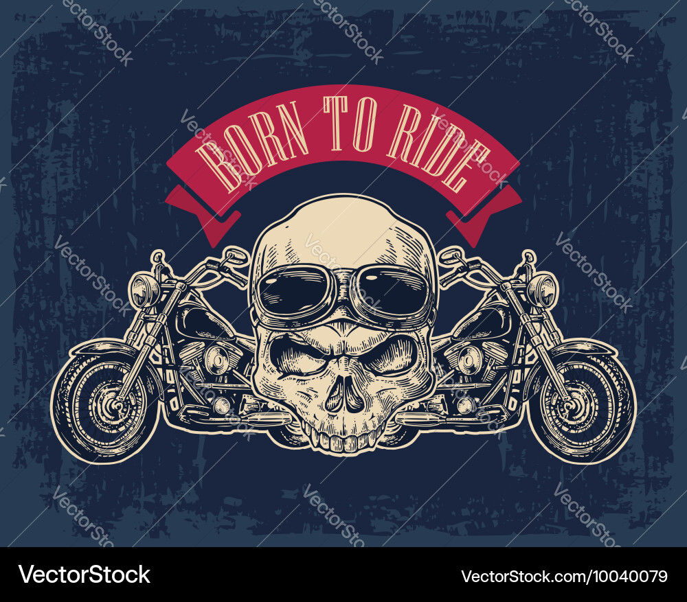 Motorcycle side view and skull with glasses Vector Image