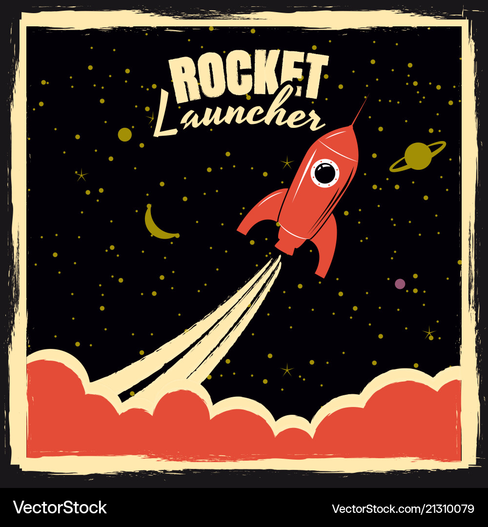 Rocket launcher startup retro poster Royalty Free Vector