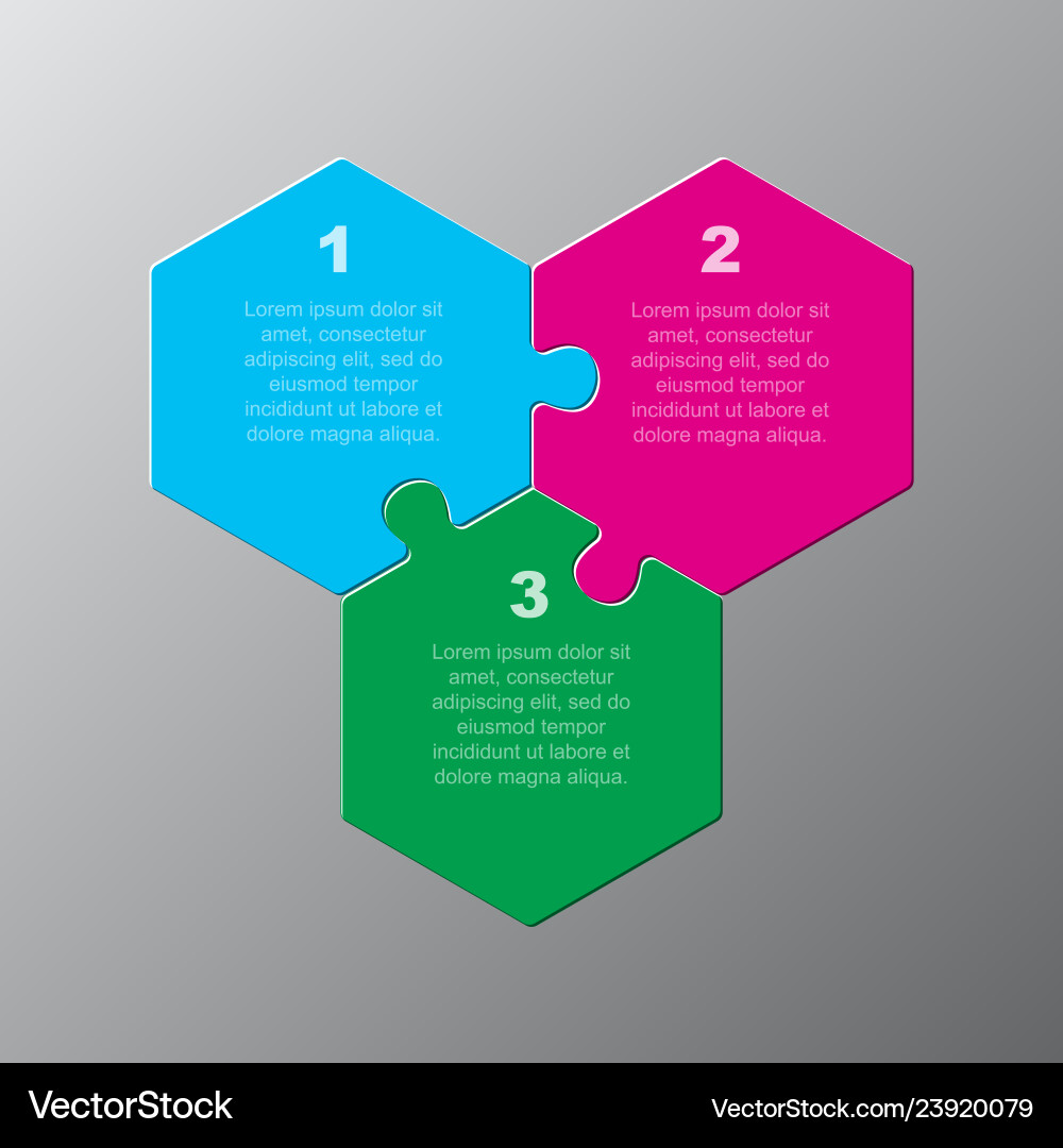 Three steps parts piece puzzle hexagon infographic