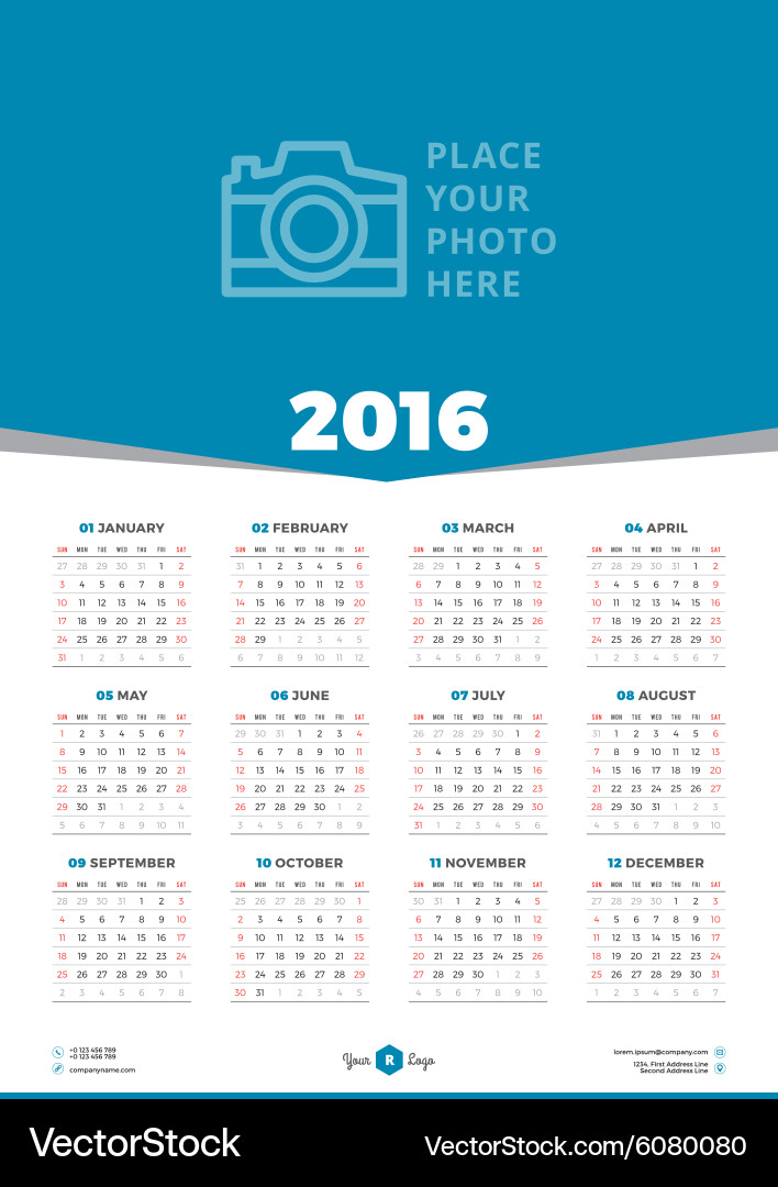 Calendar 2016 design template week starts sunday Vector Image