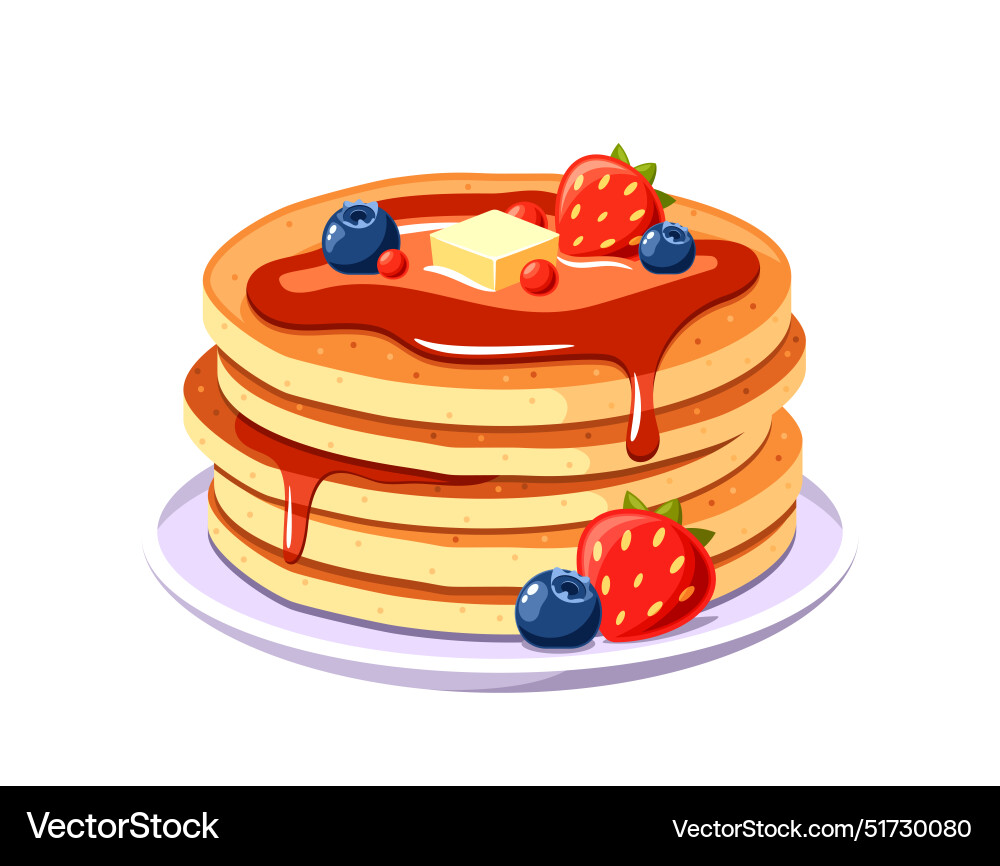 Stack of golden pancakes topped with fresh Vector Image
