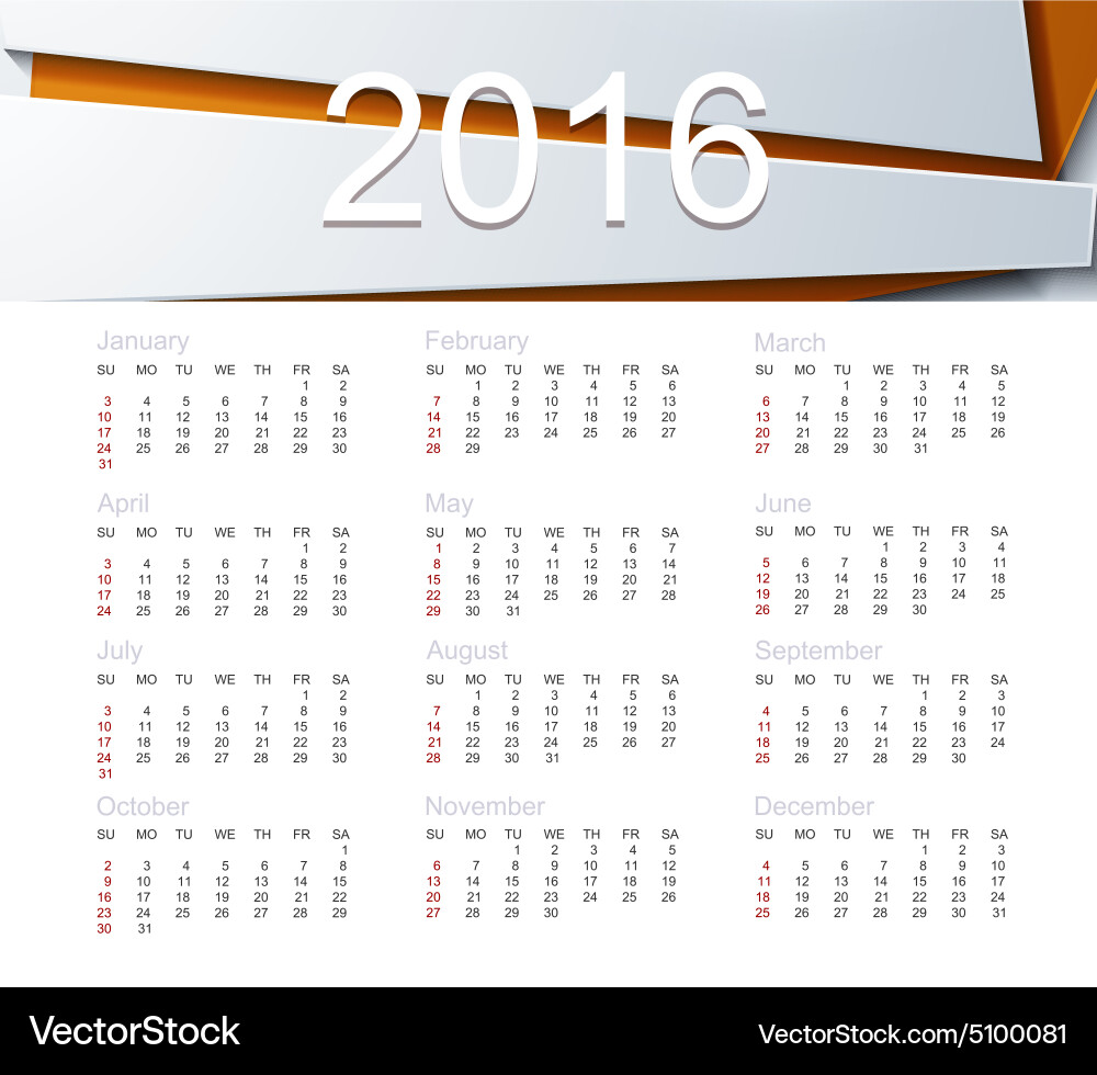 Calendar for 2016 year Royalty Free Vector Image