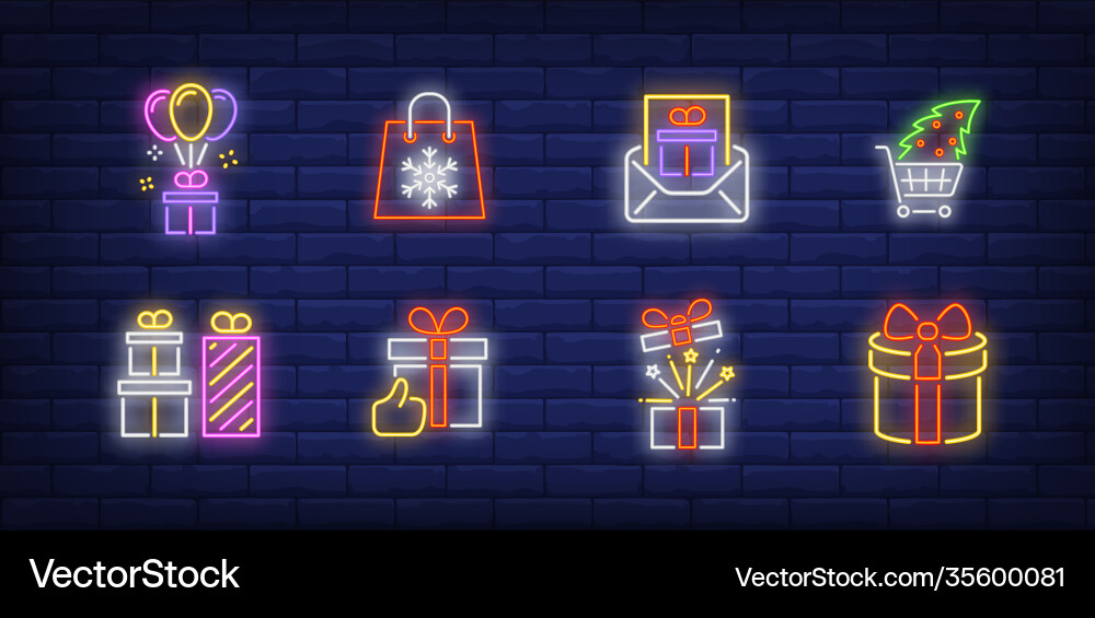 Christmas presents neon sign set Royalty Free Vector Image