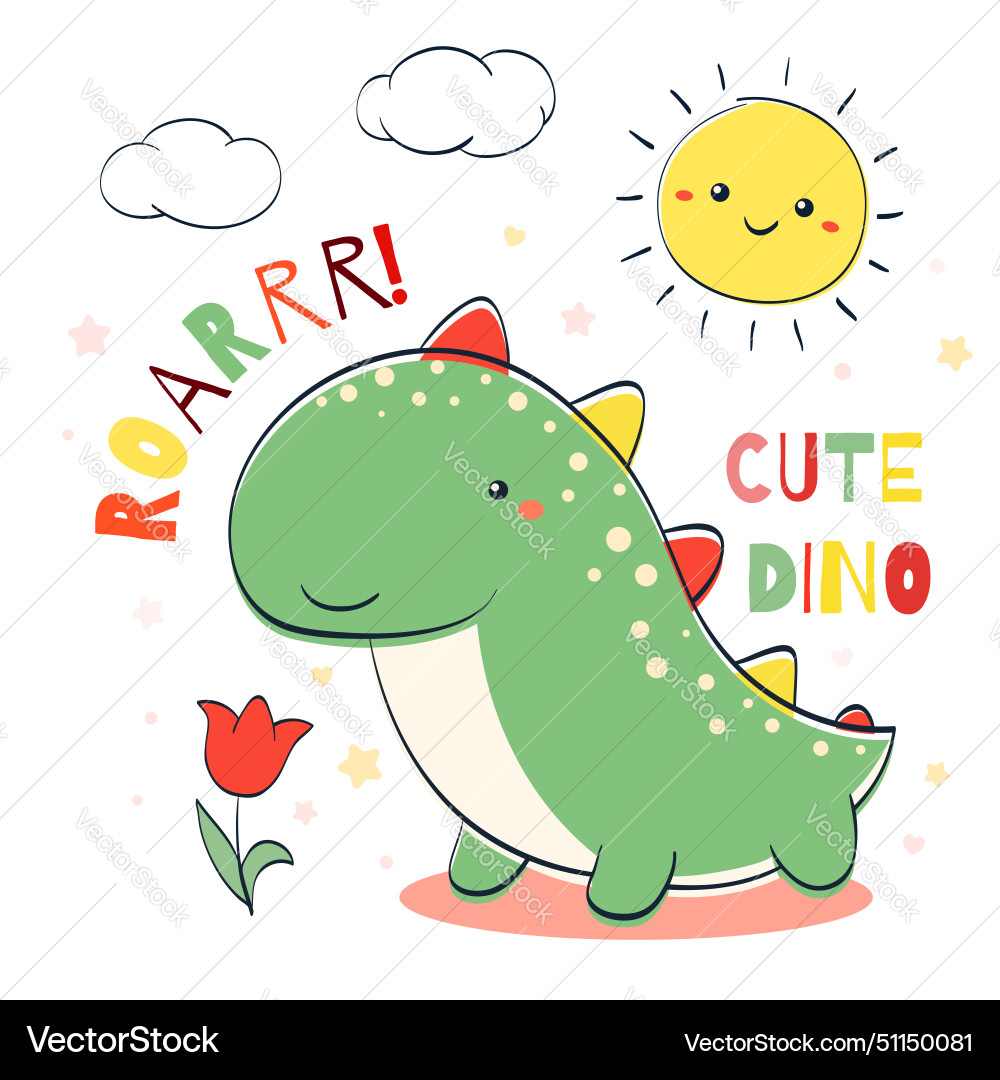 Doodle style with cute dino cloud sun Royalty Free Vector