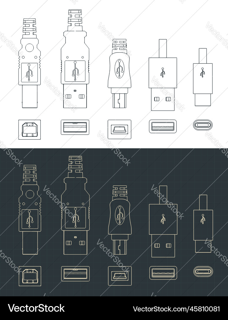 USB Plug Blueprints & Schematics Royalty Free Vector