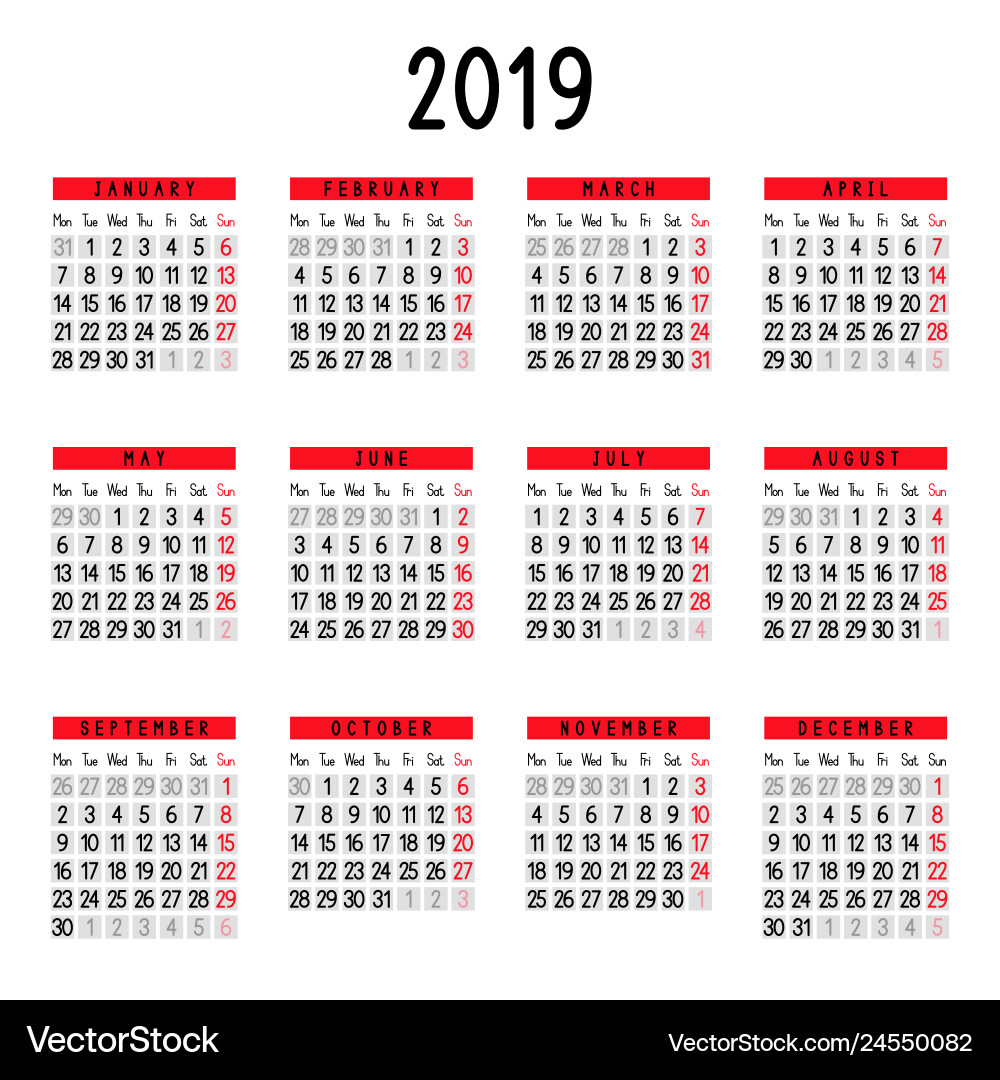 Calendar 2019 Royalty Free Vector Image - VectorStock