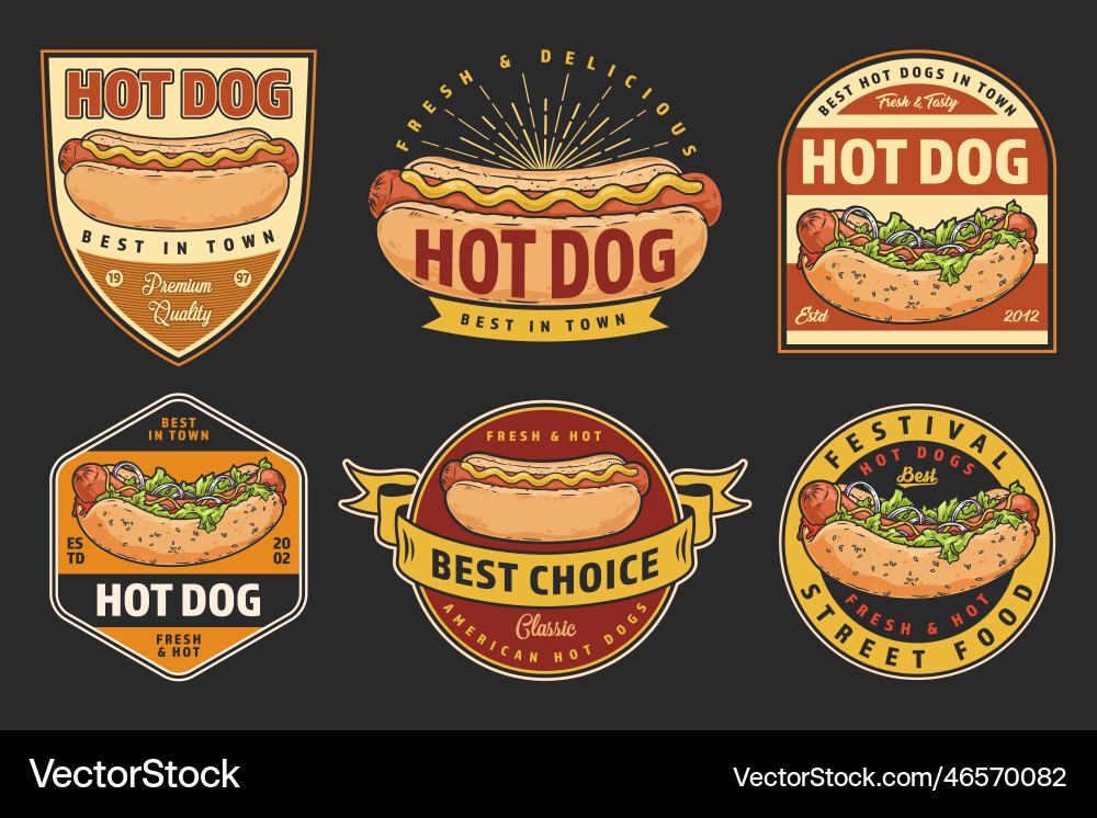 Hot dog set colorful stickers Royalty Free Vector Image
