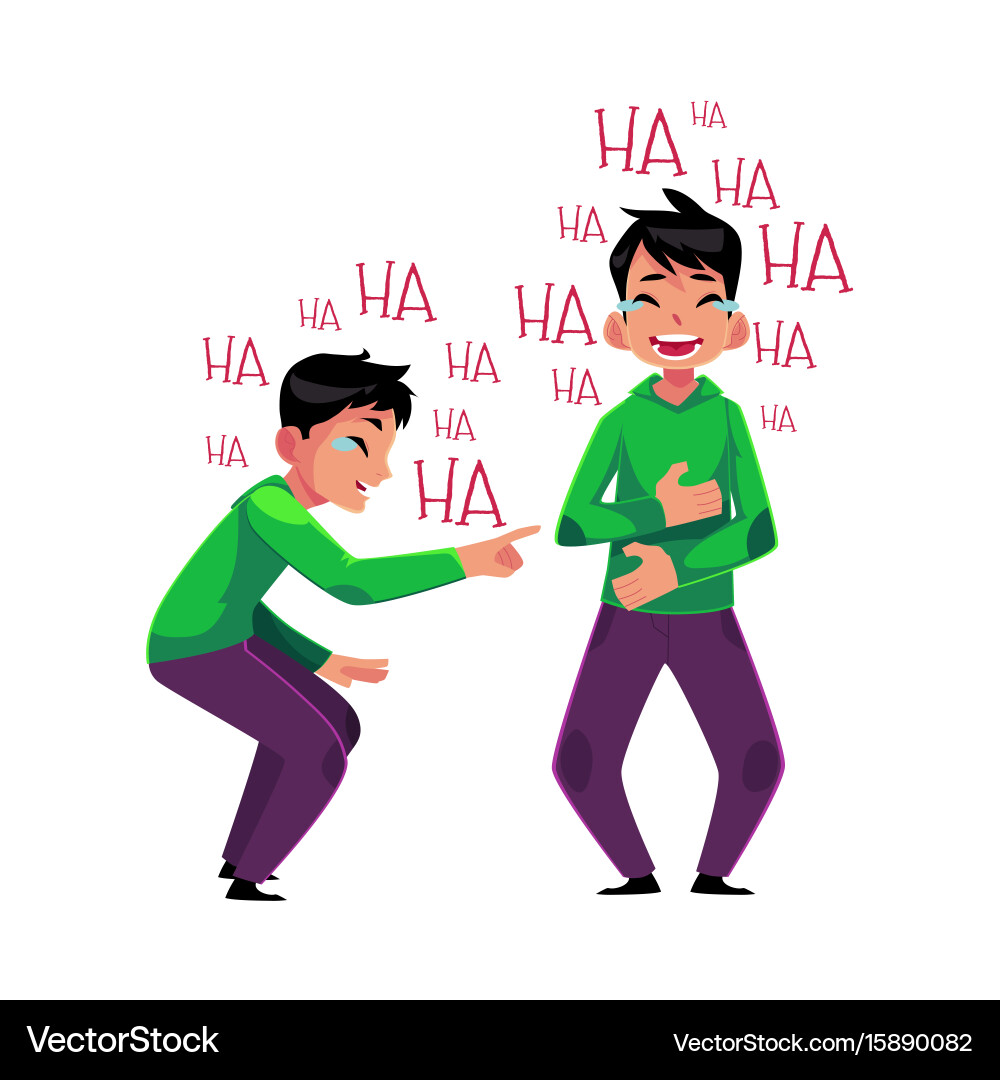 Young man crying from laughter pointing covering Vector Image