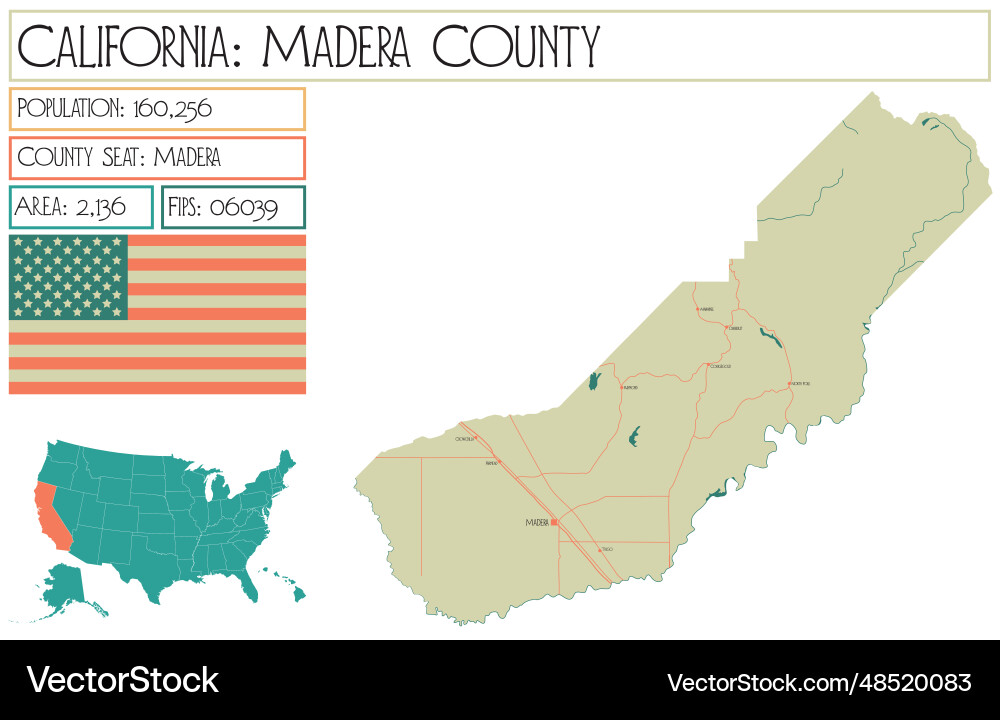 Large and detailed map of madera county Royalty Free Vector