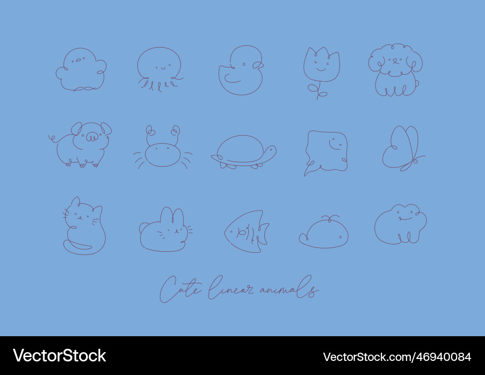 Cute Animal Line Art - Blue Collection Royalty Free Vector