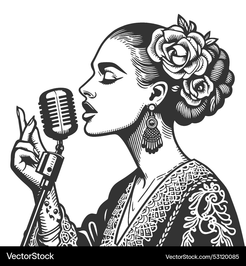 Fado singer lady engraving Royalty Free Vector Image