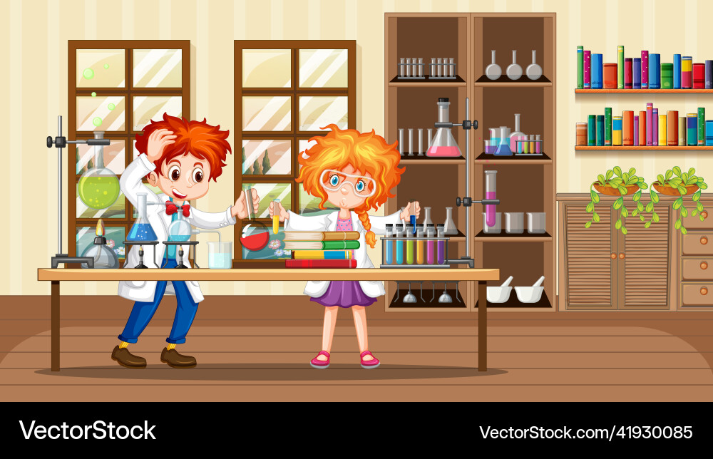 Laboratory scene with scientist cartoon character Vector Image