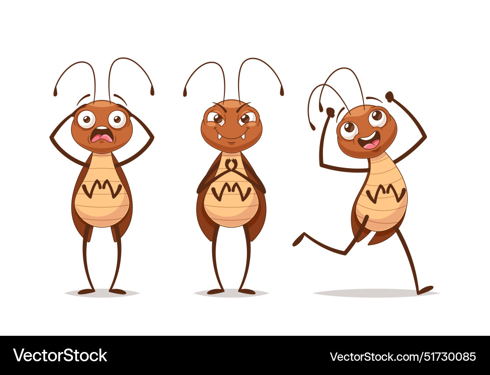 Three animated cartoon cockroaches showing a range