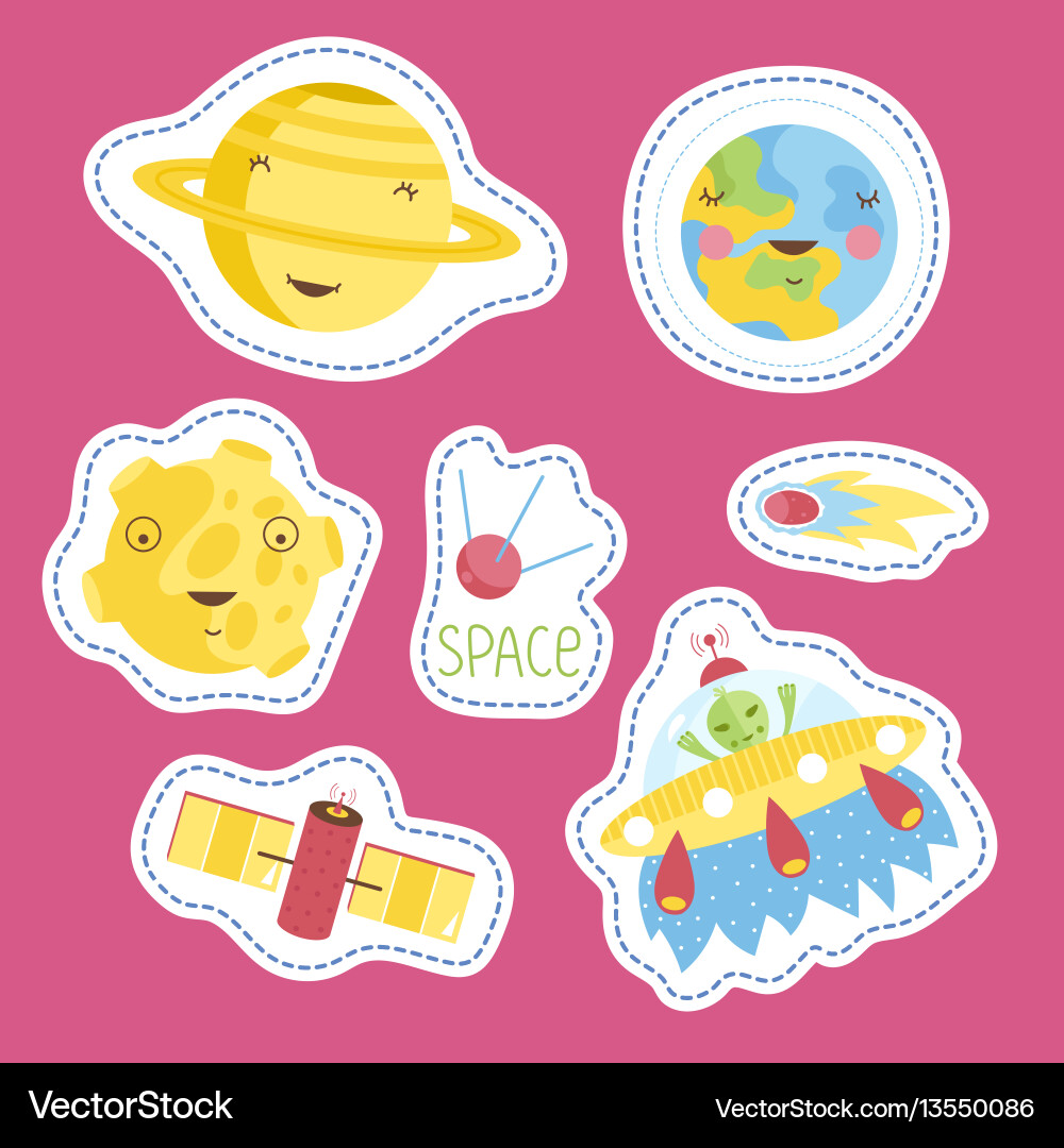Stickers collection with space cartoons Royalty Free Vector