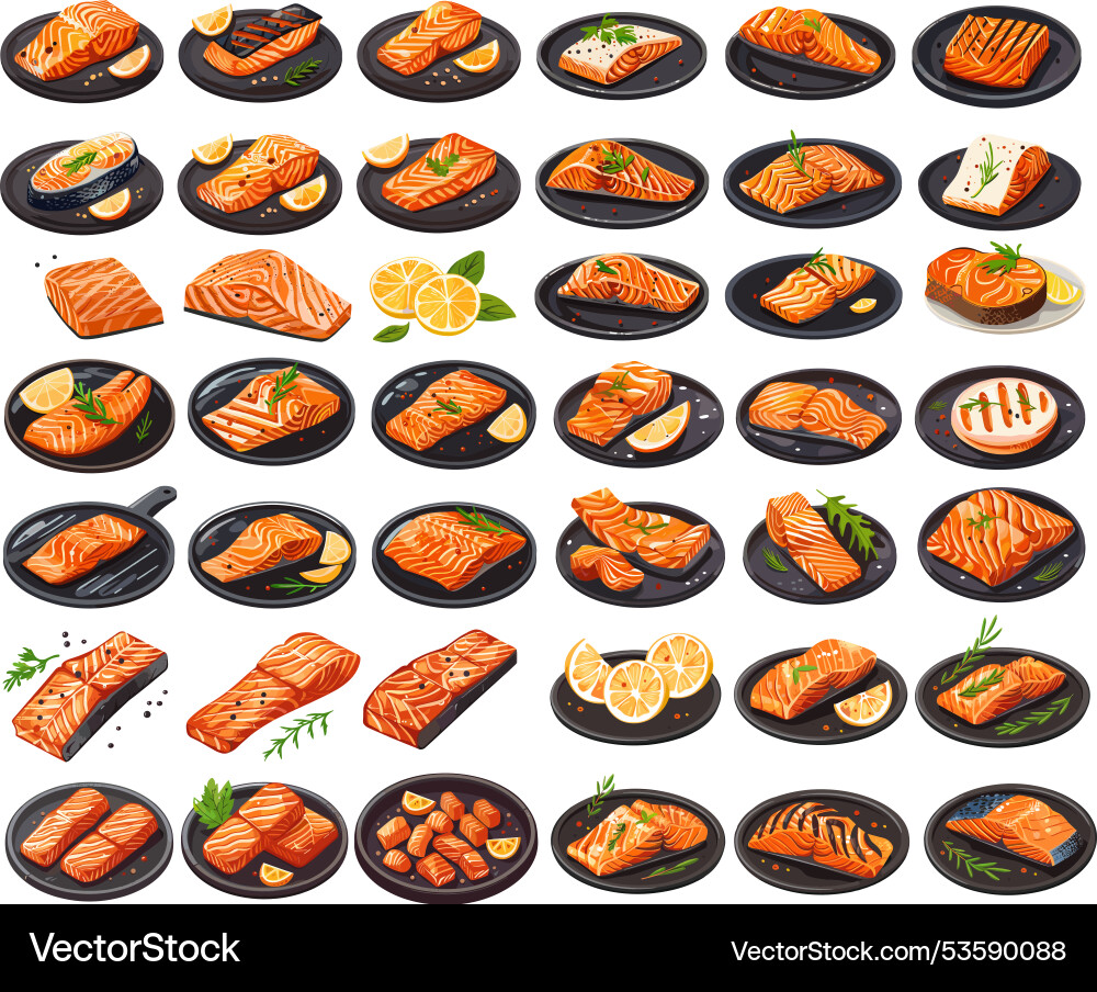 Red meat fish steak cartoon set tomato Royalty Free Vector